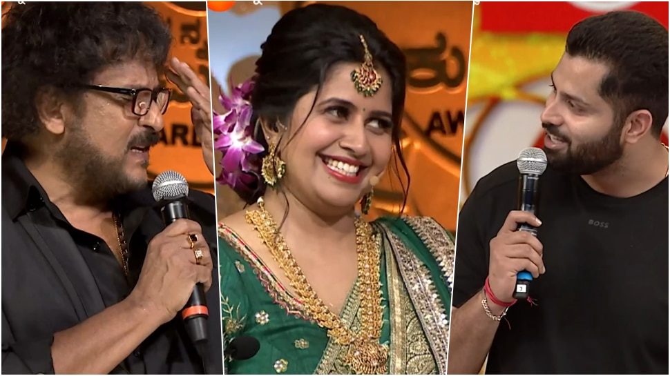 Ravichandra and Abhishekh kidding anchor anushree in Zee kannada kutumba awards 2022 | ಅವಳು ...