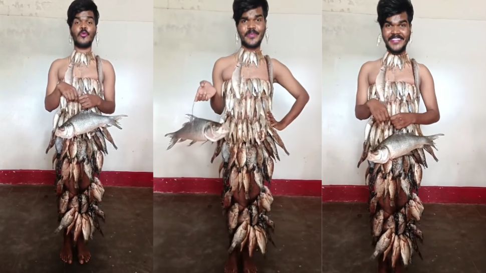Tik toker tharun nayak goes viral for wearing dress made of fishes | Viral video: ಉರ್ಫಿ ಜಾವೆದ್ ...
