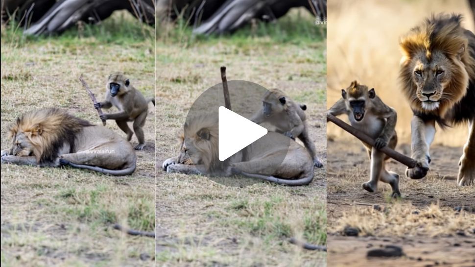 Monkey Trying to kill Lion beating Up by Stick Shocking Viral Video ...